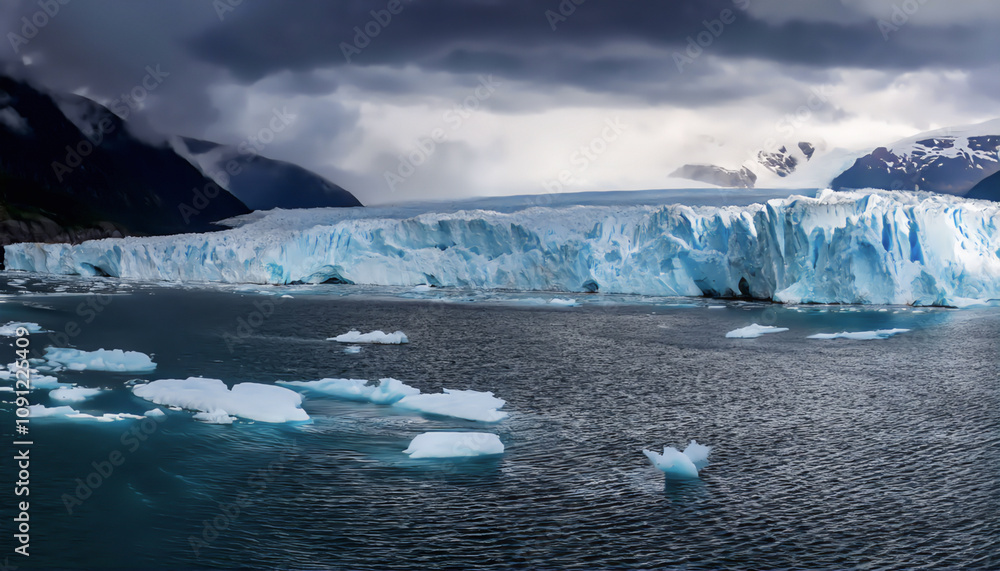 Enormous glacier with massive ice chunks breaking off and plunging into ...