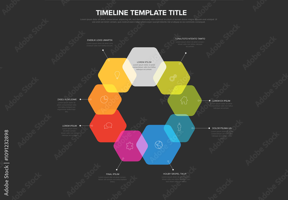 Multipurpose dark infographic template layout design with nine hexagon ...