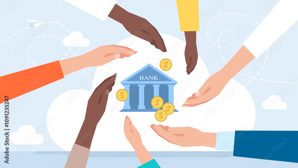 Hands of people different nationalities and ages with money and bank ...
