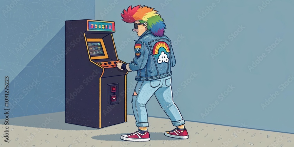 80s Arcade Enthusiast A pixel art figure wearing a rainbow mullet wig ...