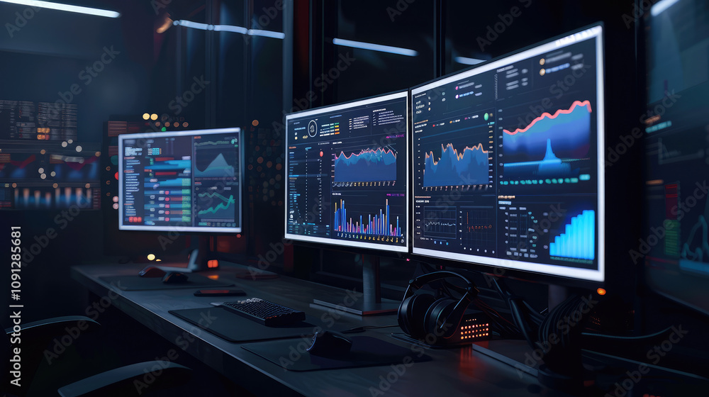 High tech workspace with multiple monitors displaying data analytics ...
