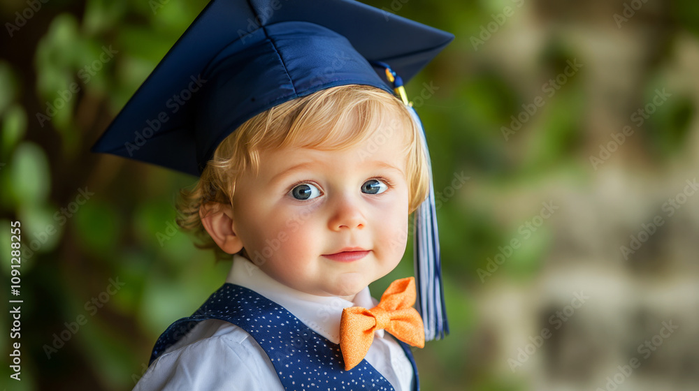 Adorable toddler in a graduation cap and bow tie poses with innocence ...