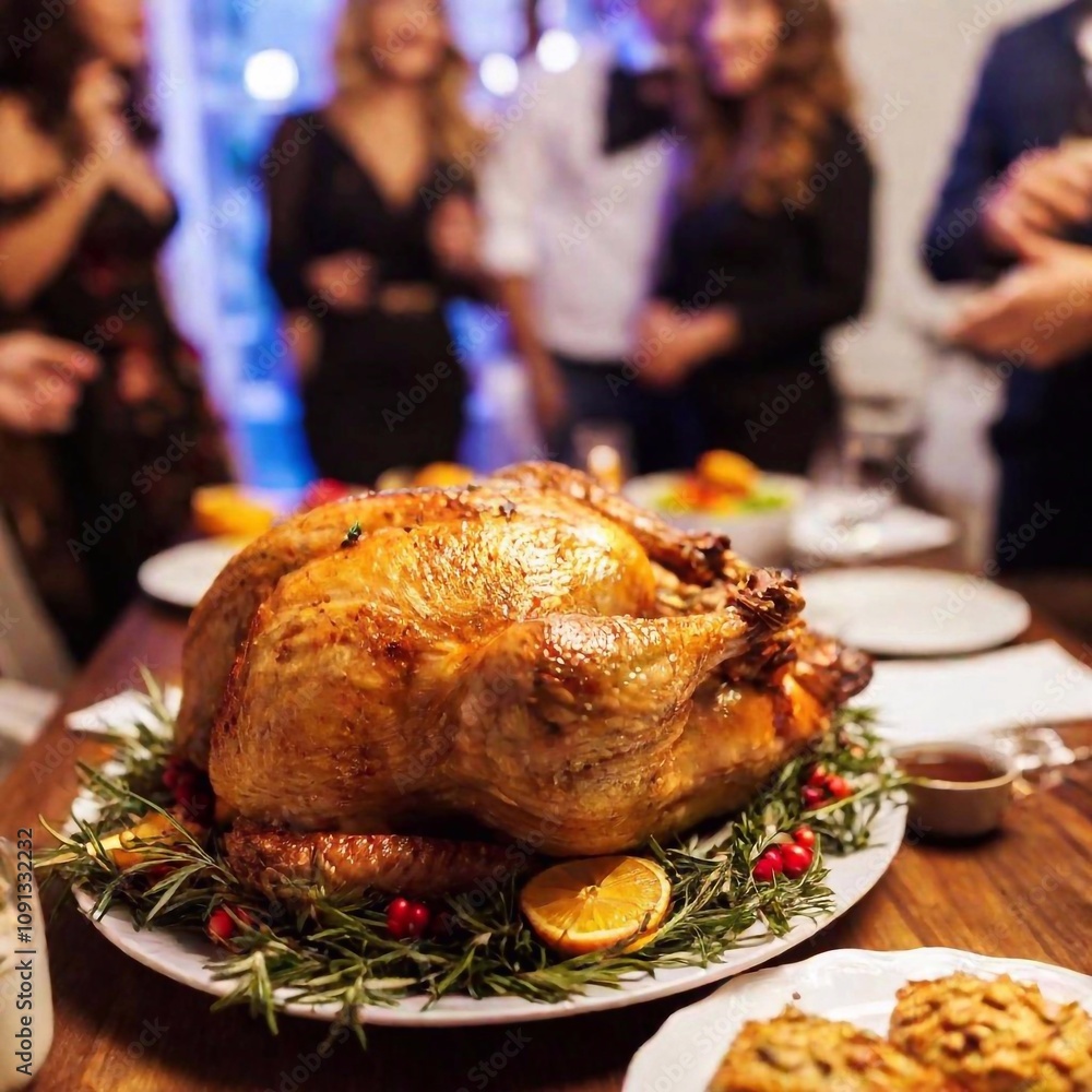 A full shot photo of a roasted Thanksgiving turkey at a New Year's Eve ...