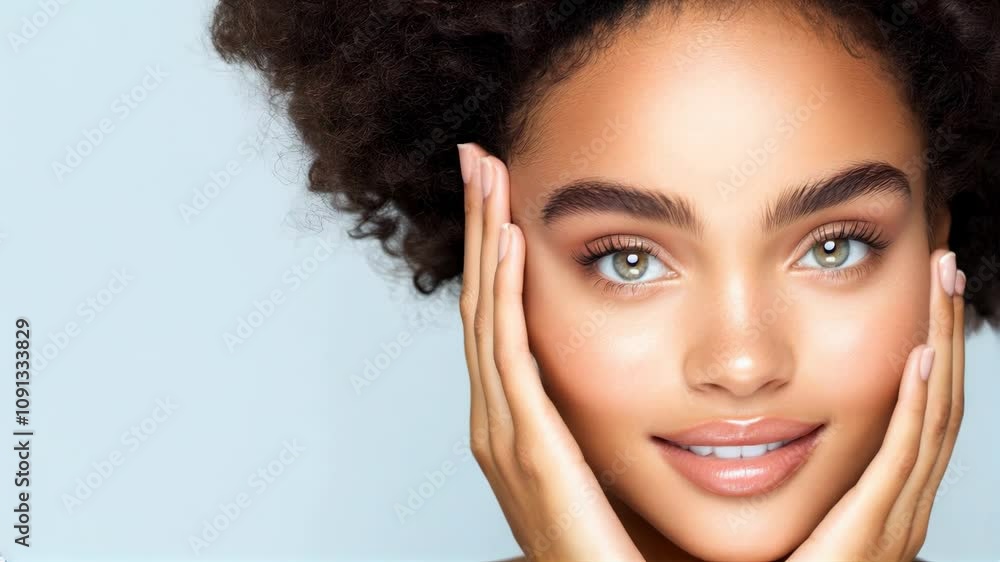 A woman showcases her natural beauty with glowing skin and bright eyes ...