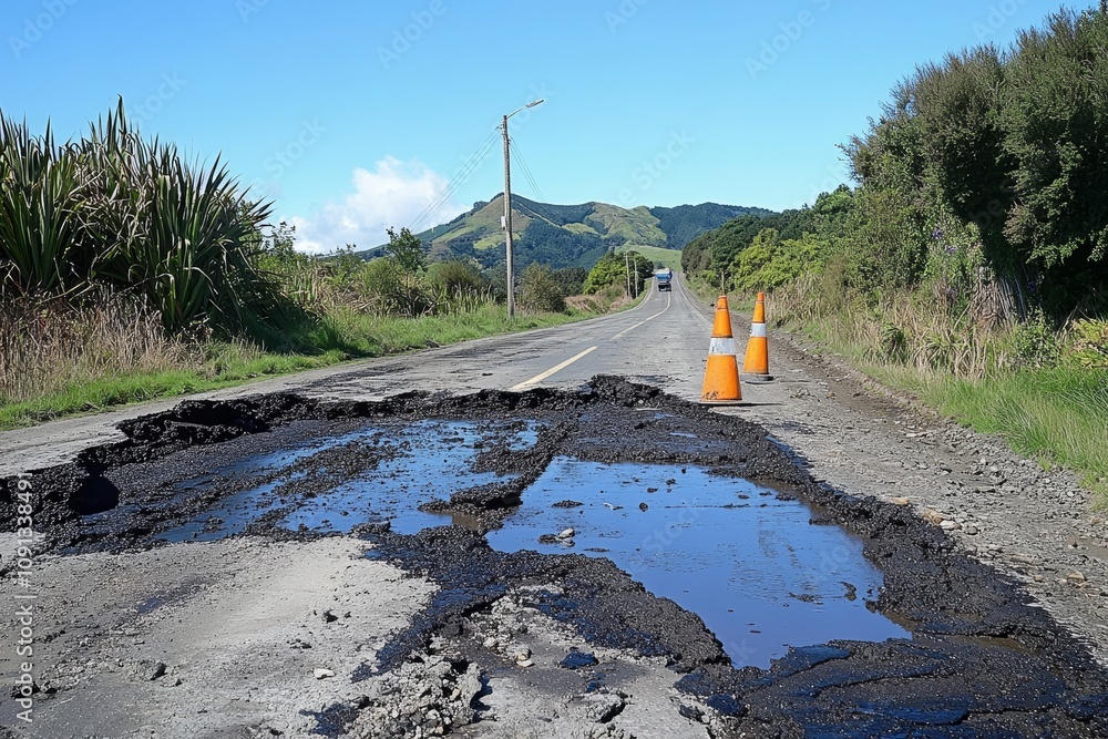 Earthquake Damage: Road Closure and Asphalt Cratering - Damaged asphalt ...