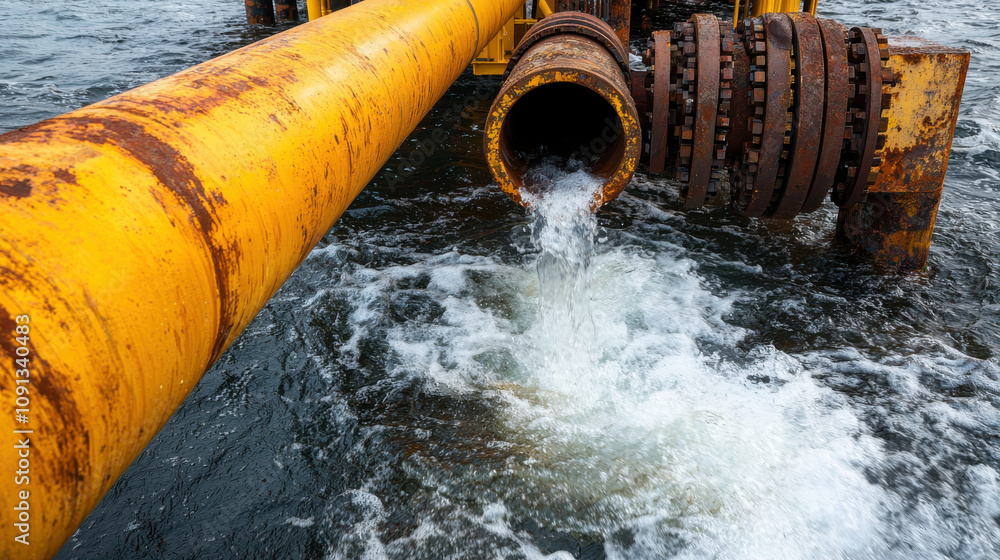 Oil and gas production process on oil rig with yellow pipeline ...