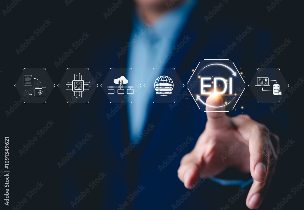 EDI, Electronic Data Interchange Concept. Businessman touching on EDI (Electronic Data ...