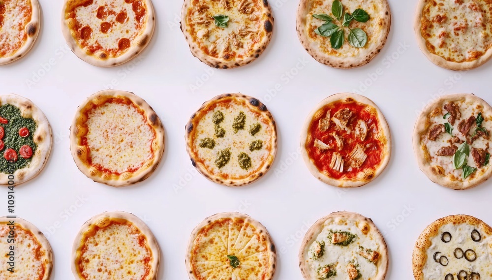 Top View Of Various Pizza Flavors: Pesto, Bbq Chicken, Fajita, Italian ...