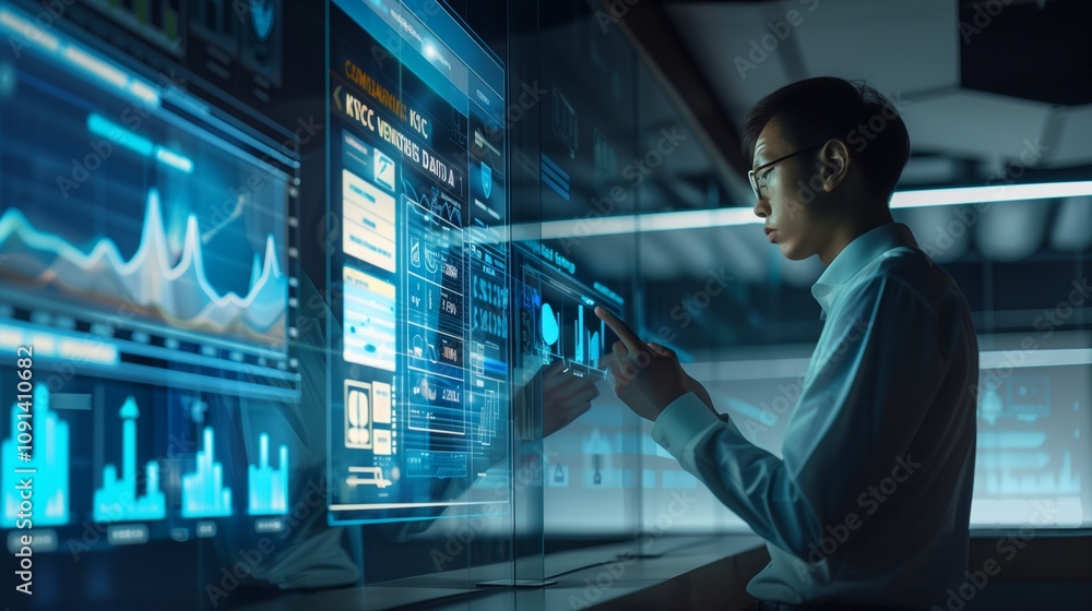 Professional analyzing customer data on a transparent digital screen, KYC verification ...