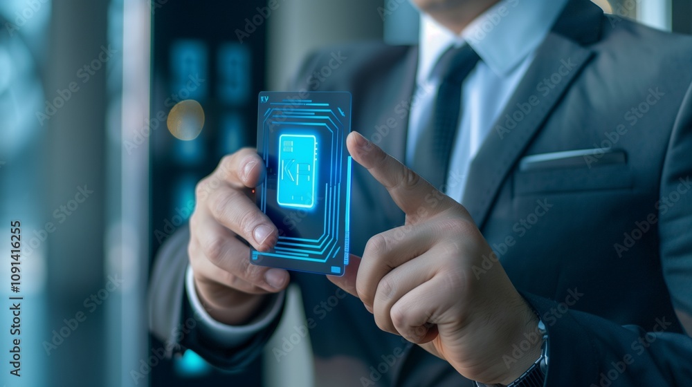 Business professional scanning ID card with digital interface ...