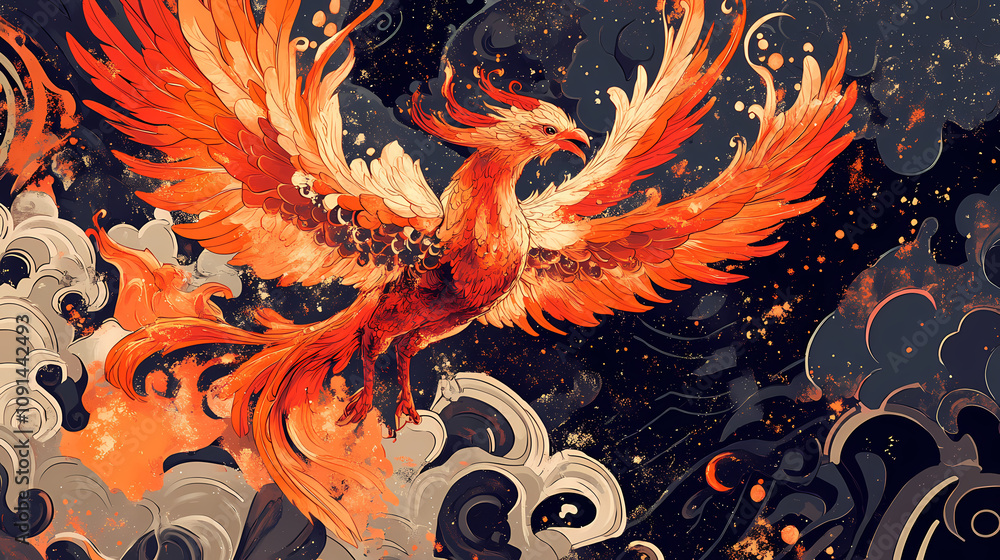 Majestic phoenix bird with fiery wings in mythological folklore setting ...