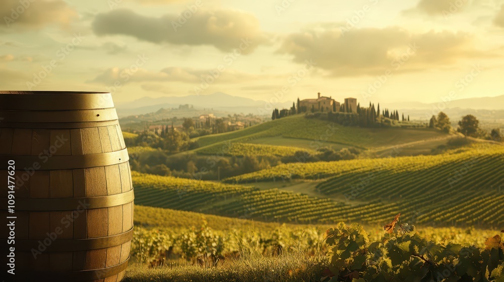 Tuscan Vineyard Landscape Poster: Rustic Wine Barrel Stand, Rolling ...