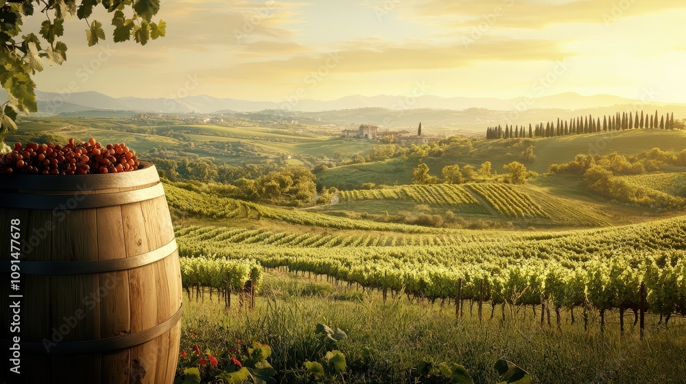 Tuscan Vineyard Landscape Poster: Rustic Wine Barrel Stand, Rolling ...