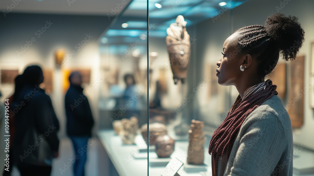 Museum Visitor Admiring Cultural Artifacts Displayed in a Modern ...