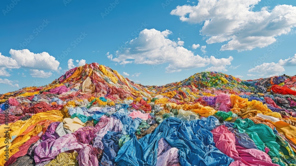 A striking view of a landfill overflowing with brightly colored fast ...