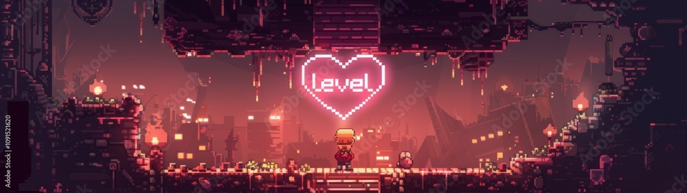 Pixel art futuristic level design with glowing pink heart and dystopian ...