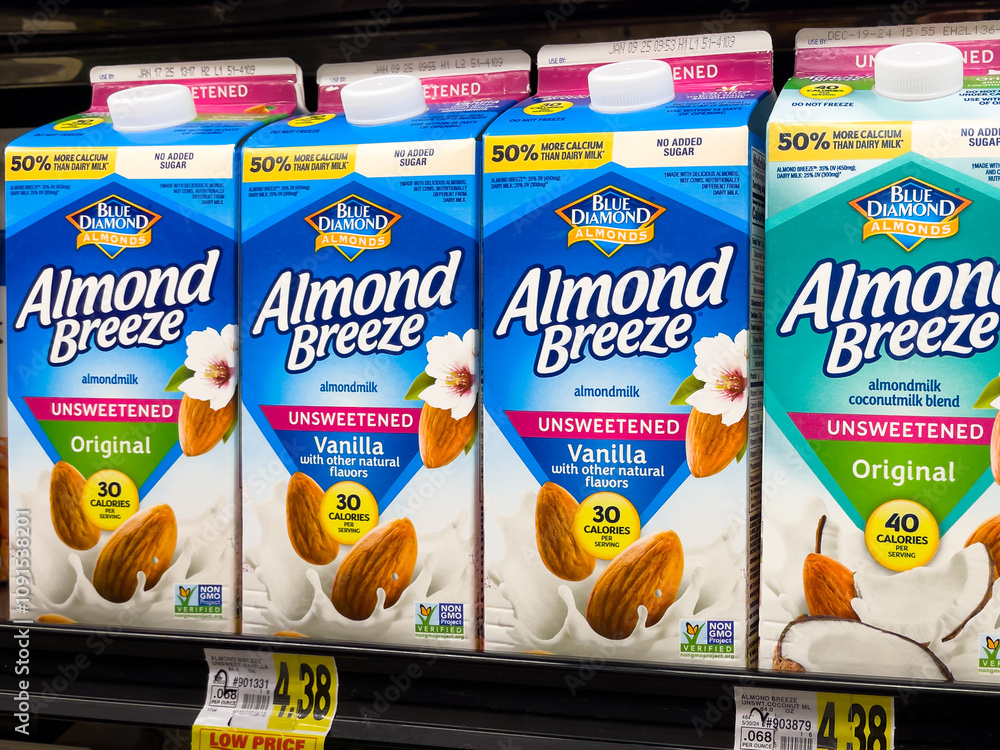 ATLANTA, GEORGIA - NOVEMBER 20, 2024 : Almond Breeze unsweetened almond ...