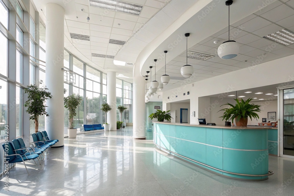 bright modern interior, hospital reception area, teal blue curved desk ...