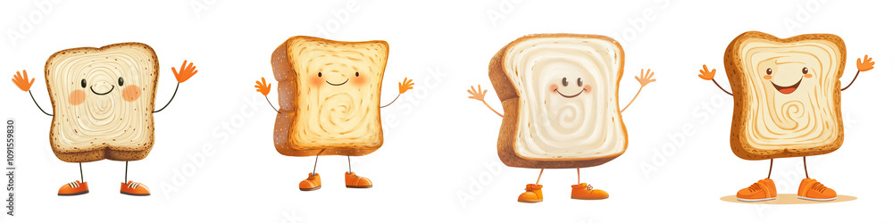 Set of vintage cartoon of an anthropomorphic piece of toast with arms ...