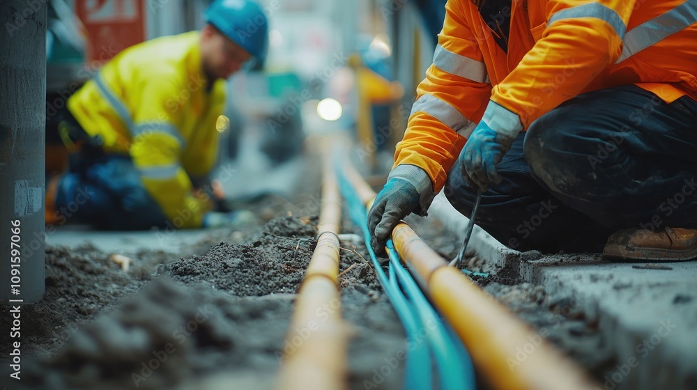 Engineers working diligently to install fiber optic cables underground ...