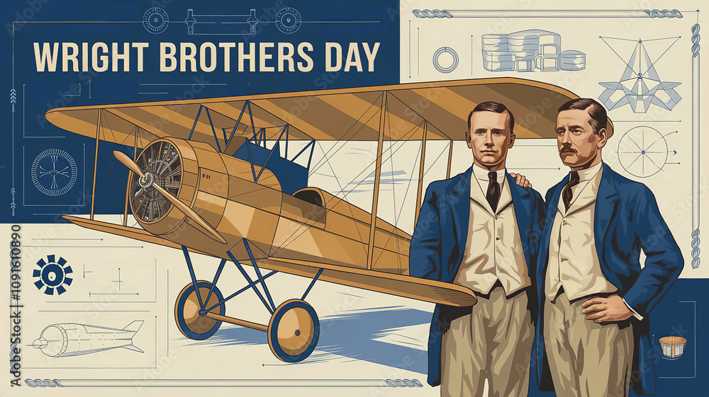 Wright Brothers Day retro poster. Wright brothers standing proudly next ...