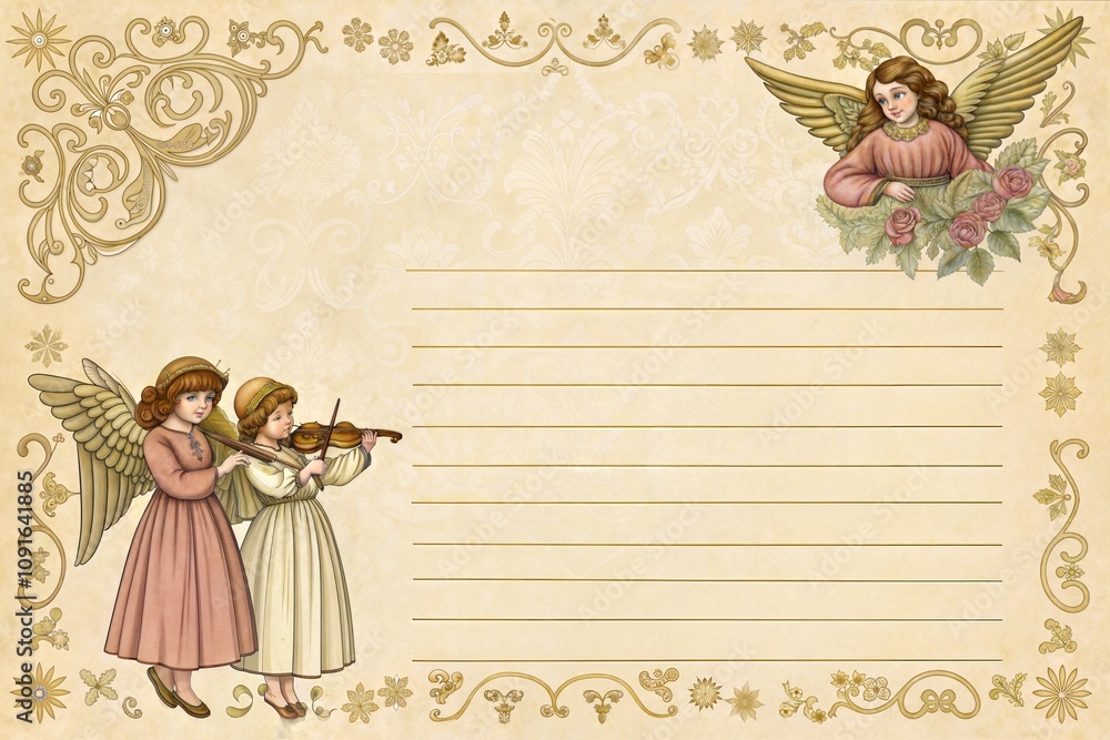 Whimsical vintage frame with playful angels and blank lines for writing ...