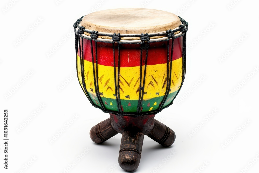 Traditional African hand drum in Ghanaian flag colors isolated on white ...