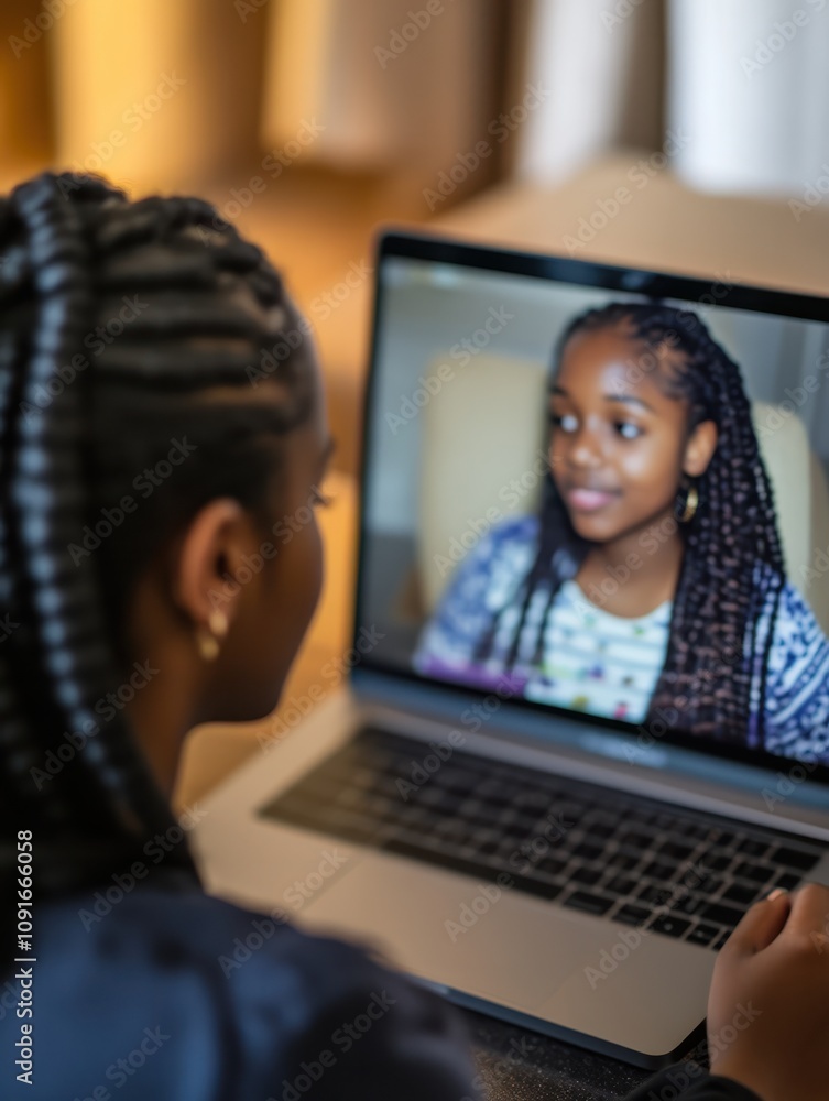 Young black girl student having virtual remote class with distance ...
