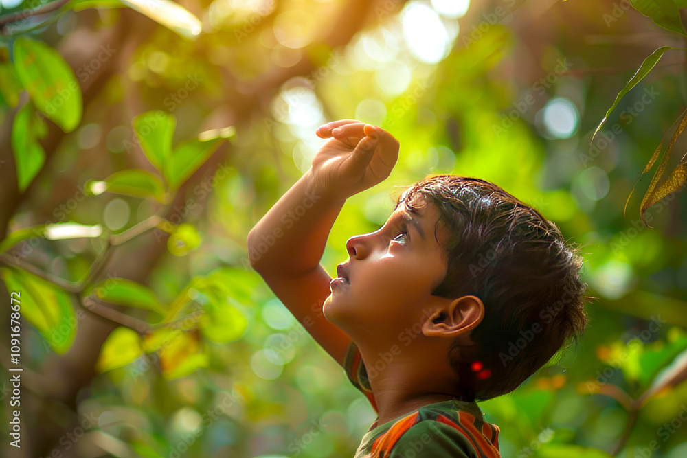 A little Indian boy marvels at the scale of nature, observing the ...