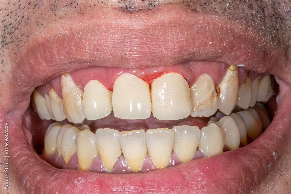 Dentistry patient with visible unaesthetic prosthodontic crowns in the ...