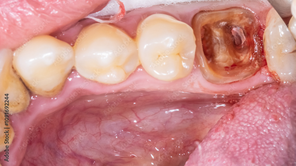 Poster Mandibular arch with decayed molar crown completely destroyed ...