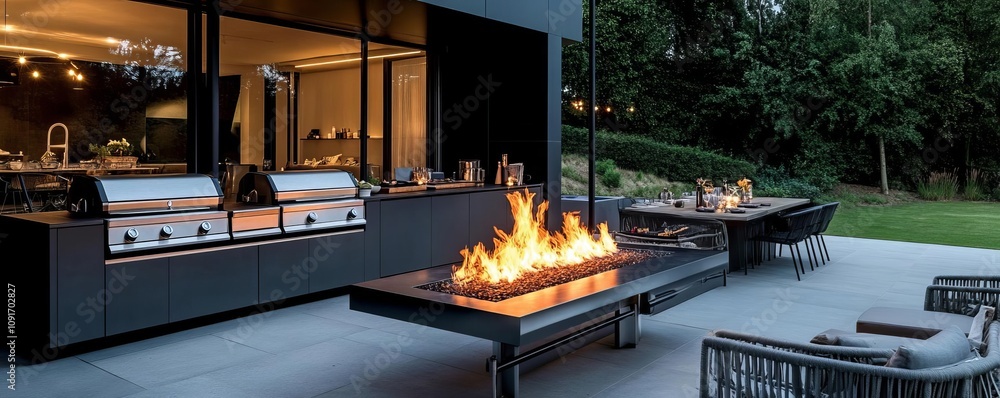 Open-air outdoor kitchen with a fire table, sleek grill, and ...