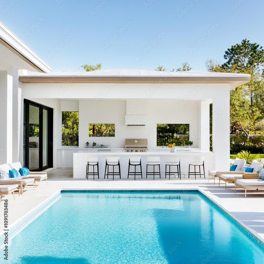 Poolside outdoor kitchen with chic white finishes and an open seating ...