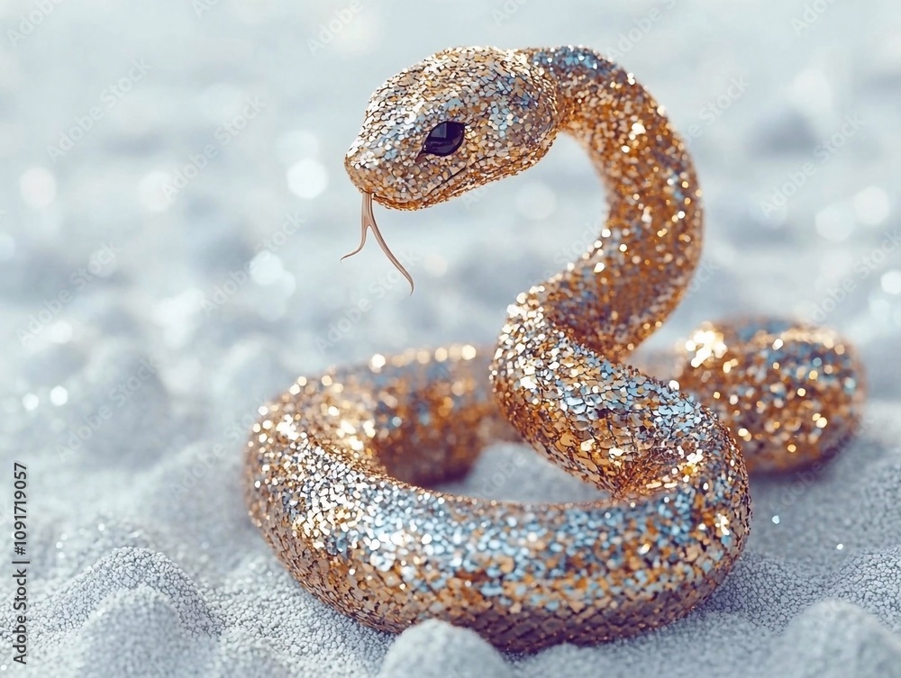 Beautiful Cartoon 3D gold snake with glitter and sparkle on scales, on ...
