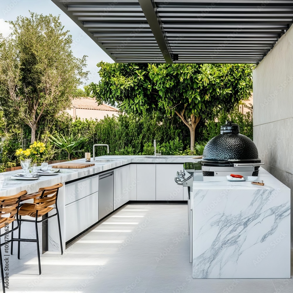 Luxurious outdoor kitchen with a marble countertop, built-in grill, and ...