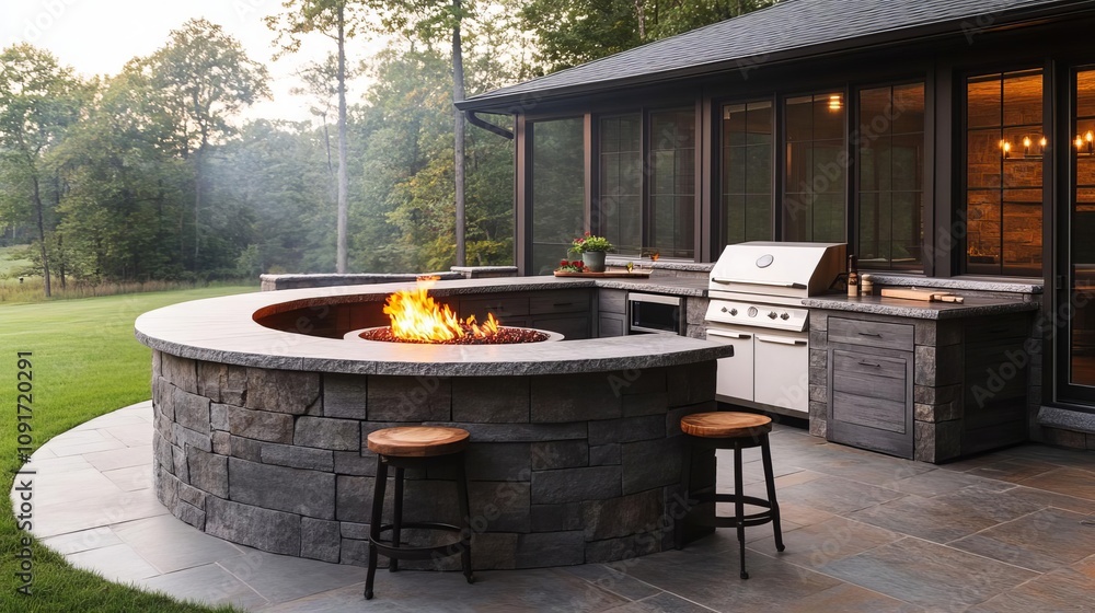 Outdoor kitchen with a fire pit, wraparound countertop, and rustic ...