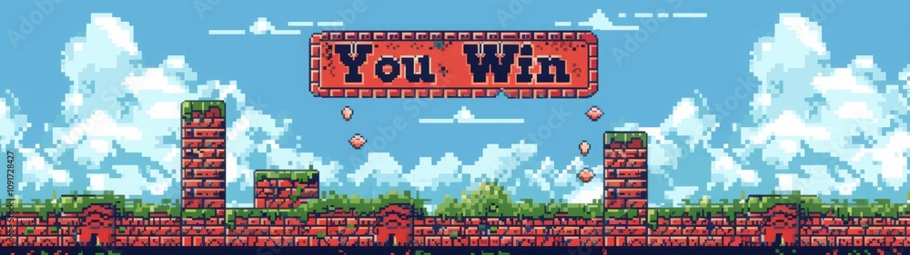 Pixel art 'You Win' screen with brick platforms, grass details, and ...