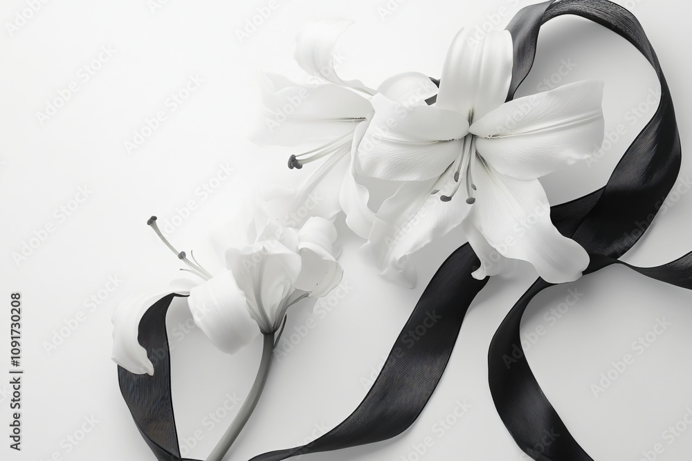 White lilies with black ribbon on white background. Template backdrop ...