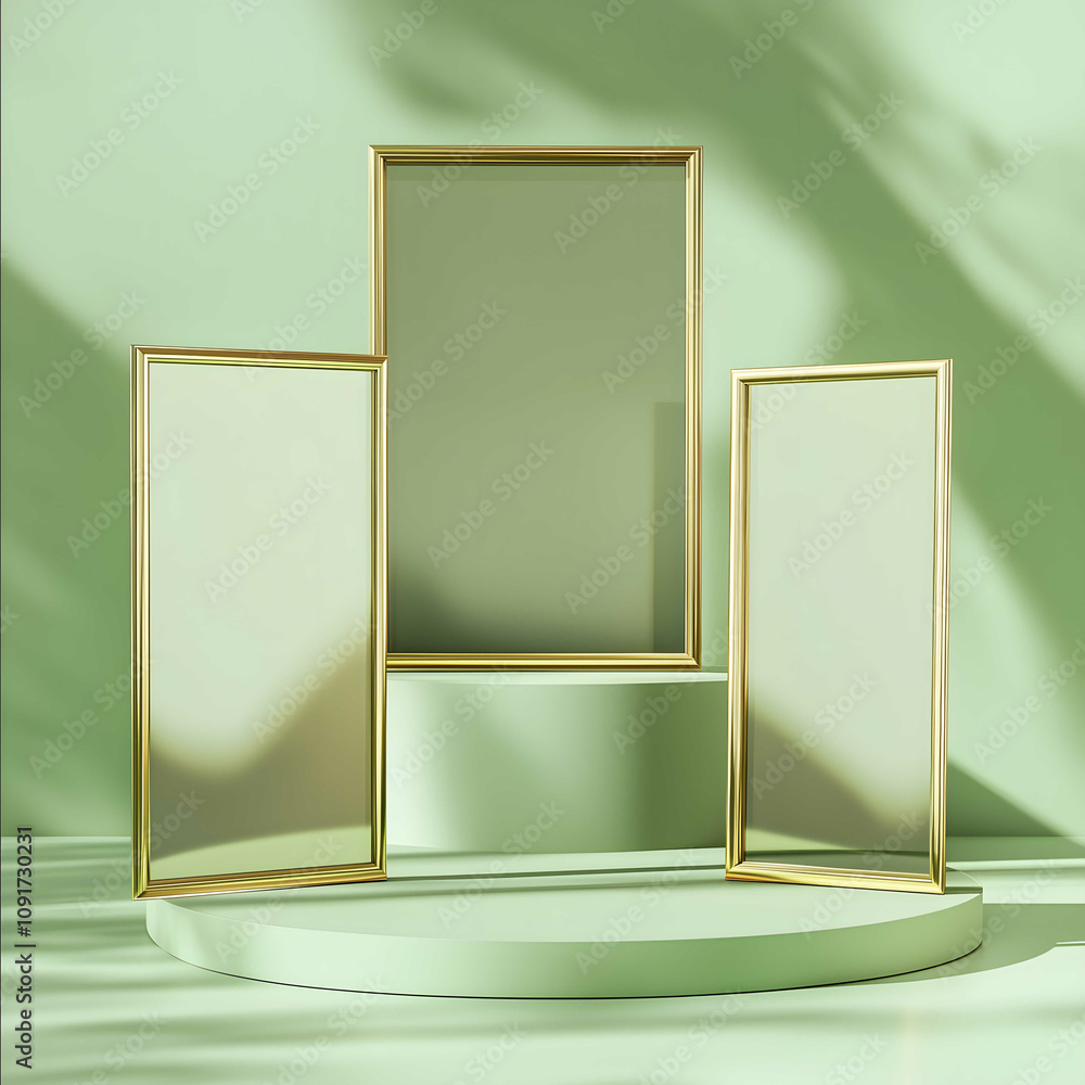 Three rectangular golden picture frames with different angles with ...