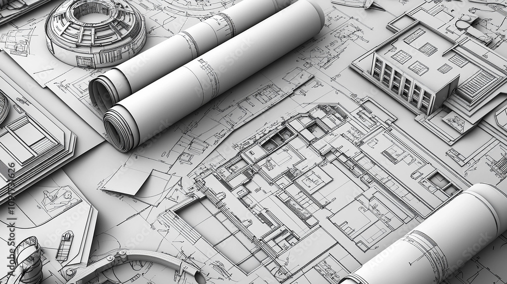 Detailed architectural blueprints with multiple building plans, rolled ...