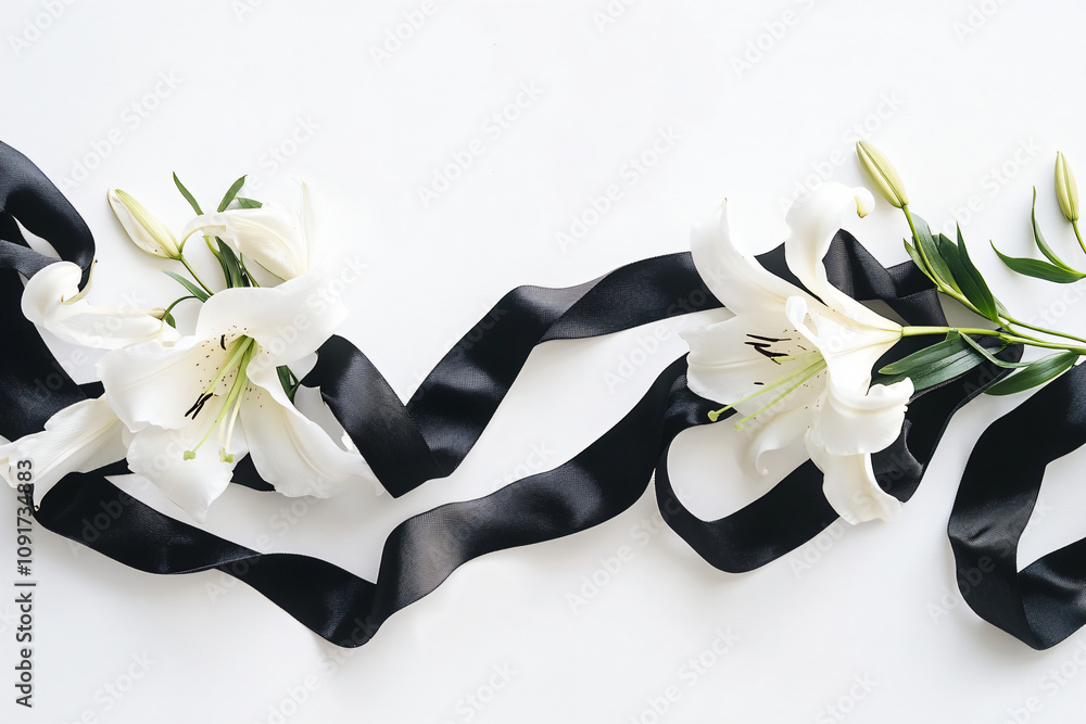 White lilies with black ribbon on white background. Template backdrop ...