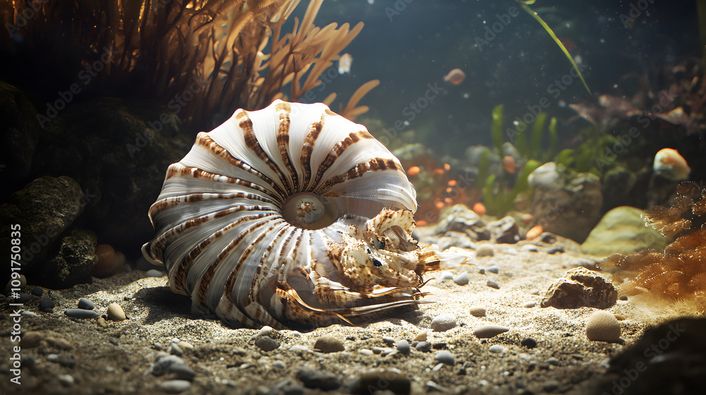 Stunning Ocean Floor Scene Featuring a Chambered Nautilus Amidst a Rich ...