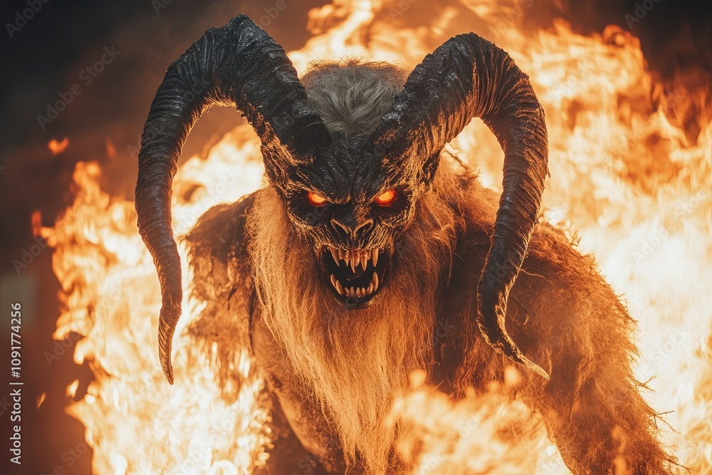 Demonic creature emerging from inferno with glowing eyes and sharp ...