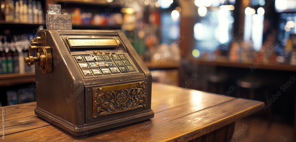 An old-fashioned cash register with brass details, sitting on a wooden ...