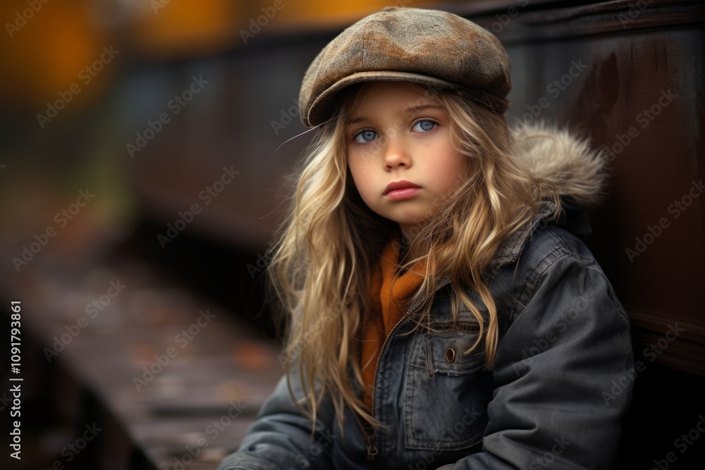 Cute little girl with long blond hair wearing a cap and jacket sitting ...