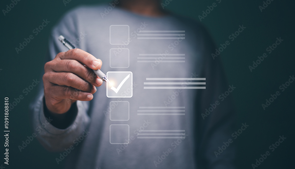 Checklist and approve concept, Checking mark on checklist, Businessman ...