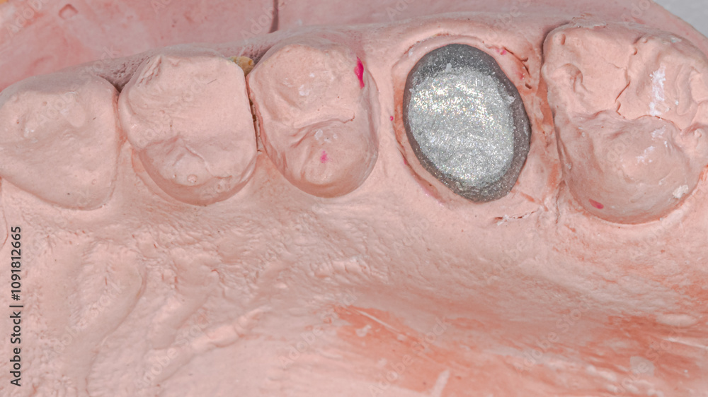 A fixed dental prosthesis restoration procedure showing a metallic post ...