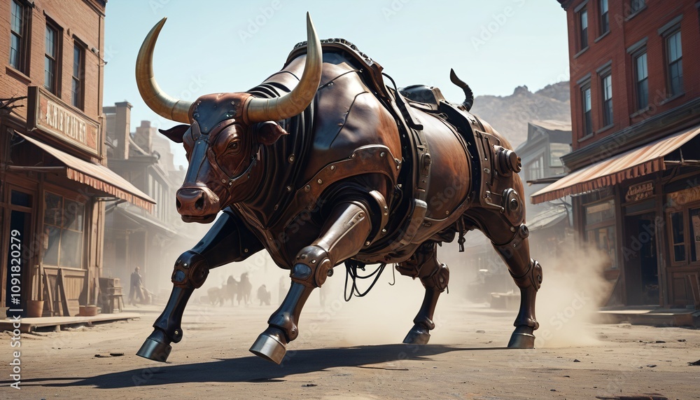 A towering mechanical bull, with steam-powered legs and metal horns ...