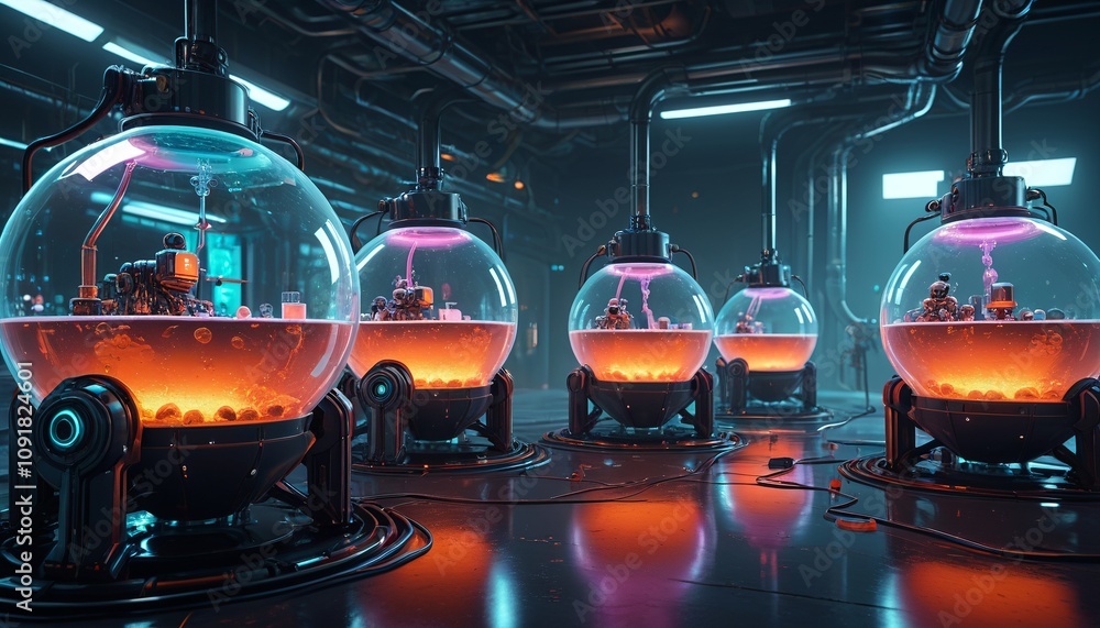 Robots drinking from large, bubbling tanks filled with strange glowing ...