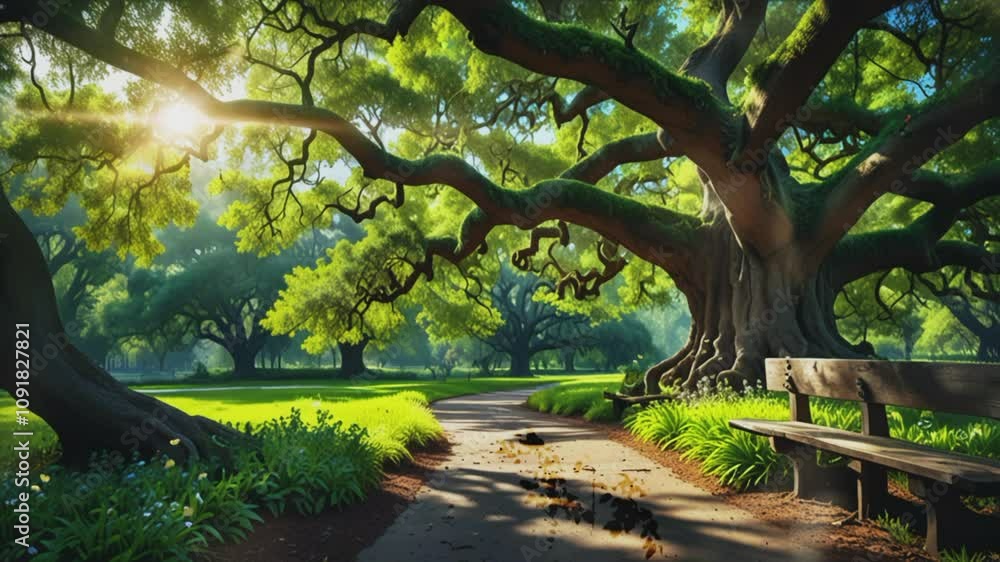 Beautiful branching trees in a park, 4K seamless looping virtual video ...